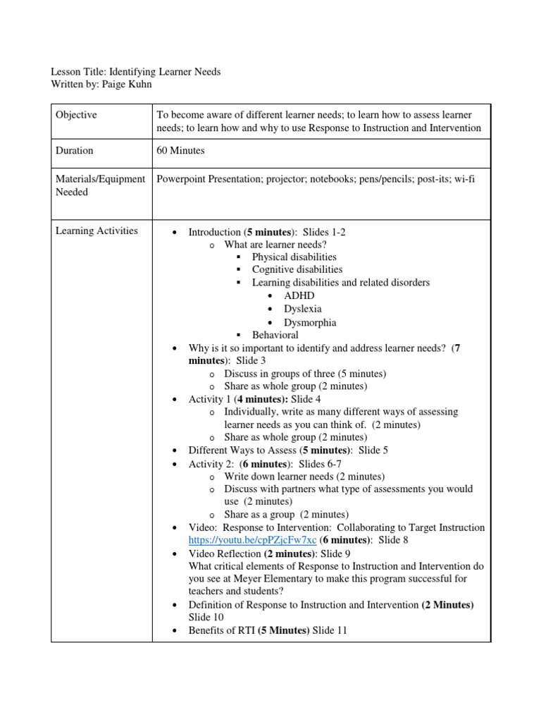 Assessing Learner Needs in Education | PDF | Learning Disability | Teaching