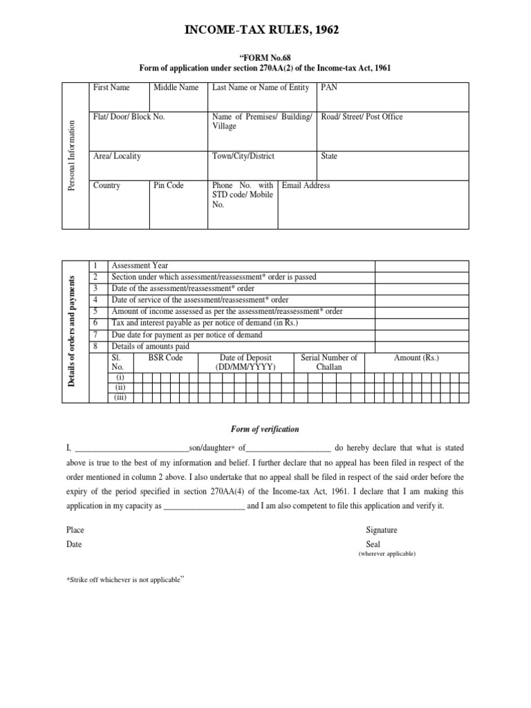 Income-Tax Rules, 1962: "FORM No.68 Form of Application Under Section ...