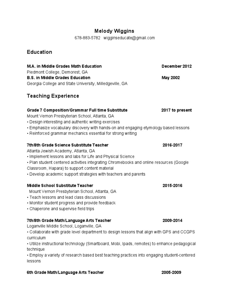 Melody Wiggins CV | PDF | Georgia (U.S. State) | Teachers