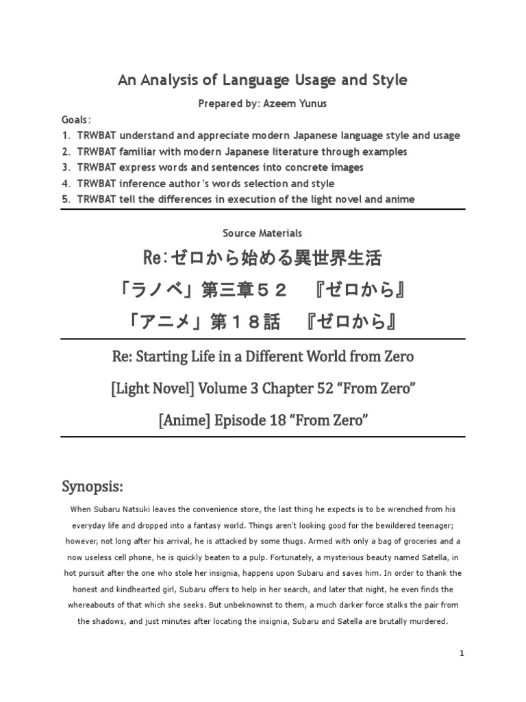 Understanding Language Style and Usage in Re:Zero Through Detailed ...
