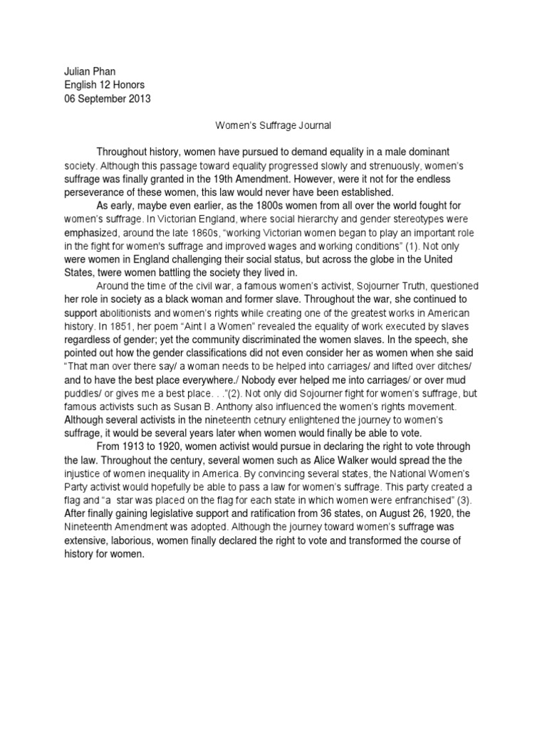 Womens Suffrage Journal Assignment | PDF | Suffrage | Women's Suffrage