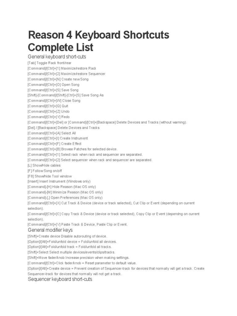 Reason 4 Keyboard Shortcuts Complete List | PDF | Keyboard Shortcut ...