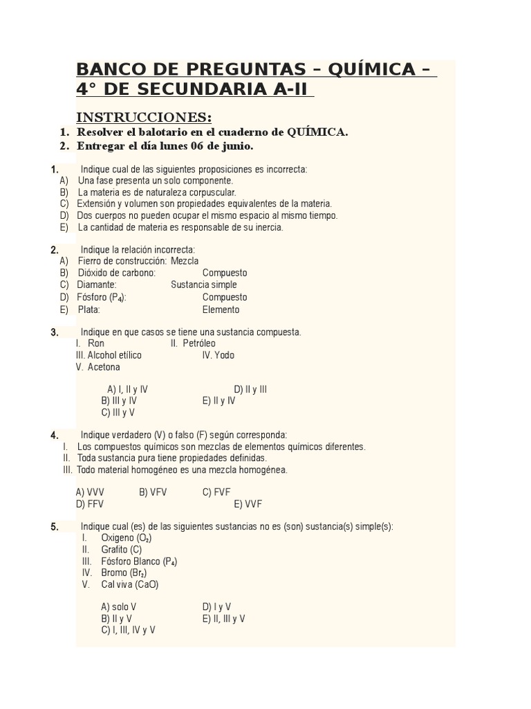 Banco de Preguntas de Quimica | PDF | Isótopo | Protón