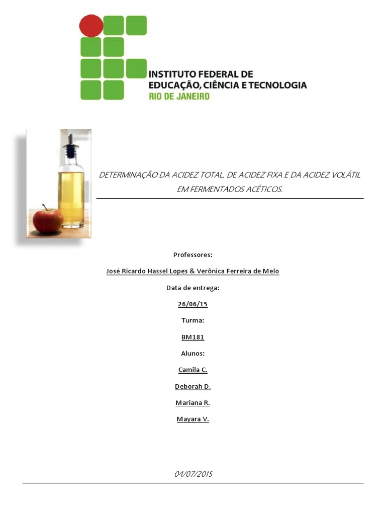 Determinação da acidez total, fixa e volátil em amostras de vinagre ...