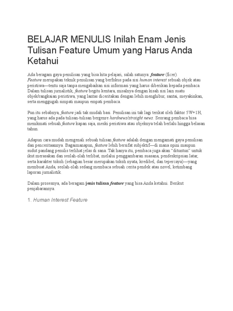 Enam Jenis Tulisan Feature Jurnalistik | PDF