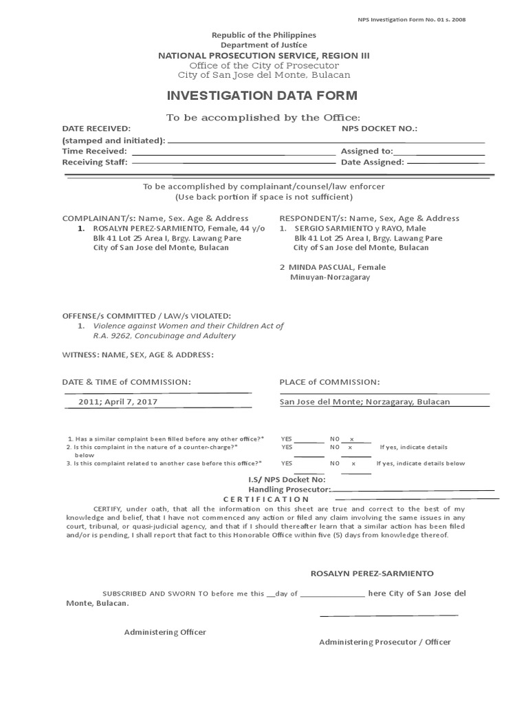 NPS Investigation Form No | PDF | Prosecutor | Criminal Law