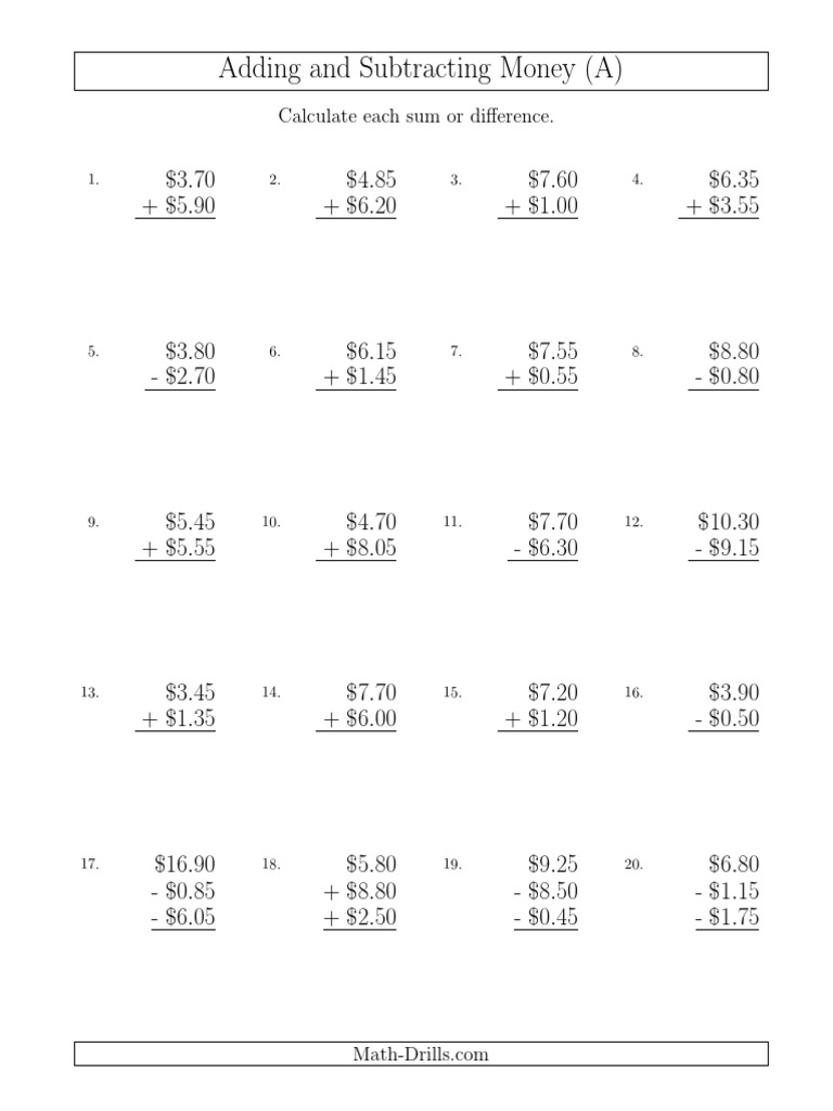 Money Addsubtract To Ten Increment Dollars 05 001 | PDF | Home & Garden