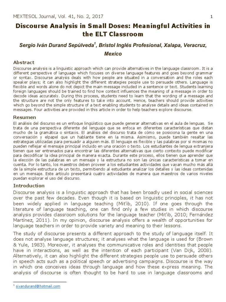 Discourse Analysis in Small Doses Meaningful Activities in The Elt ...