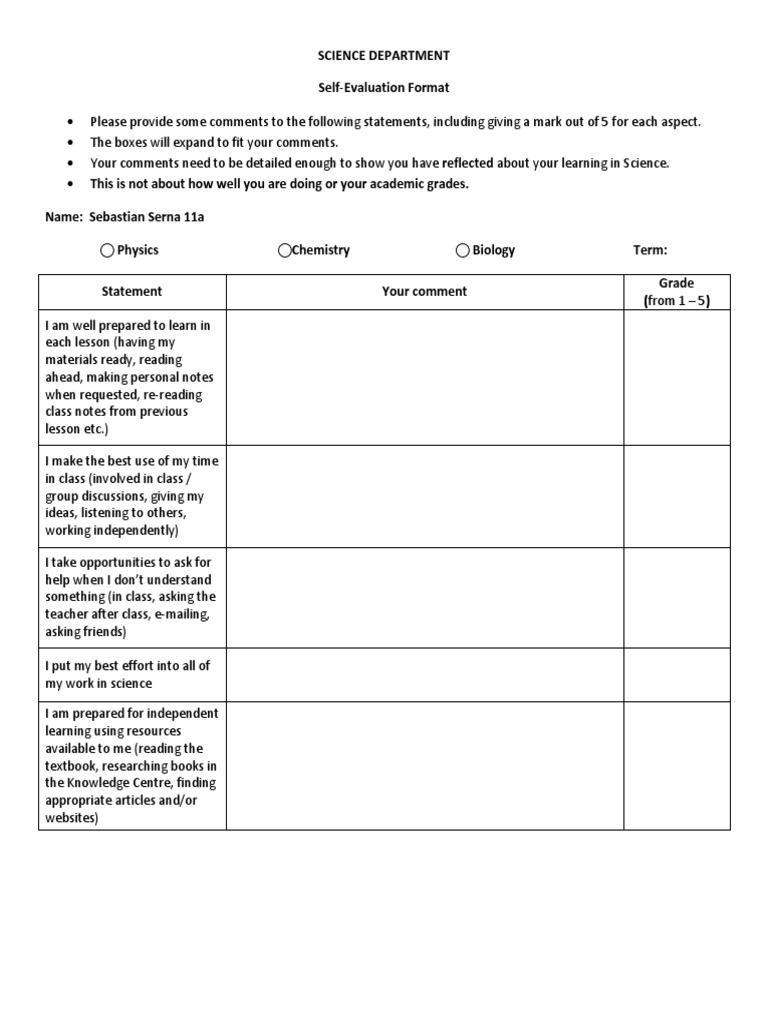 Science Department Self-Evaluation Format | PDF