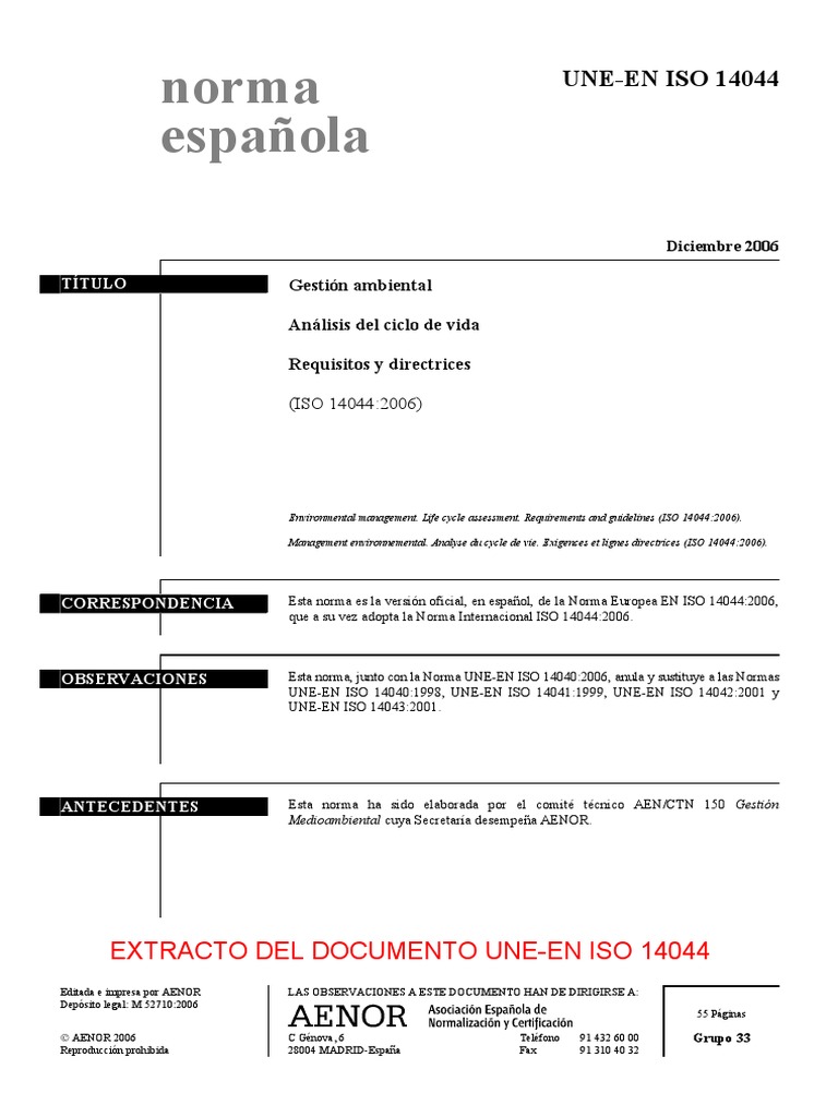 Norma UNE-EN ISO 14044:2006 | PDF | Evaluación del ciclo de vida ...
