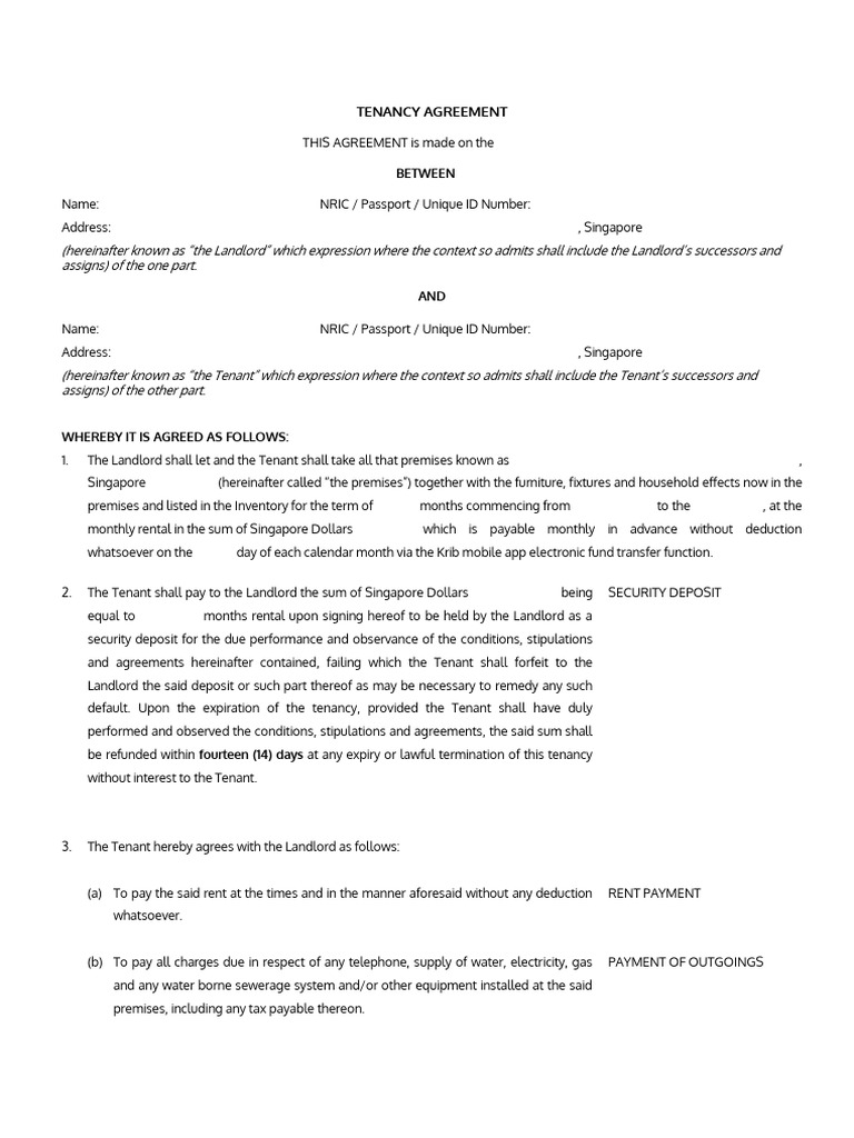 Tenancy Agreement Template | Leasehold Estate | Landlord