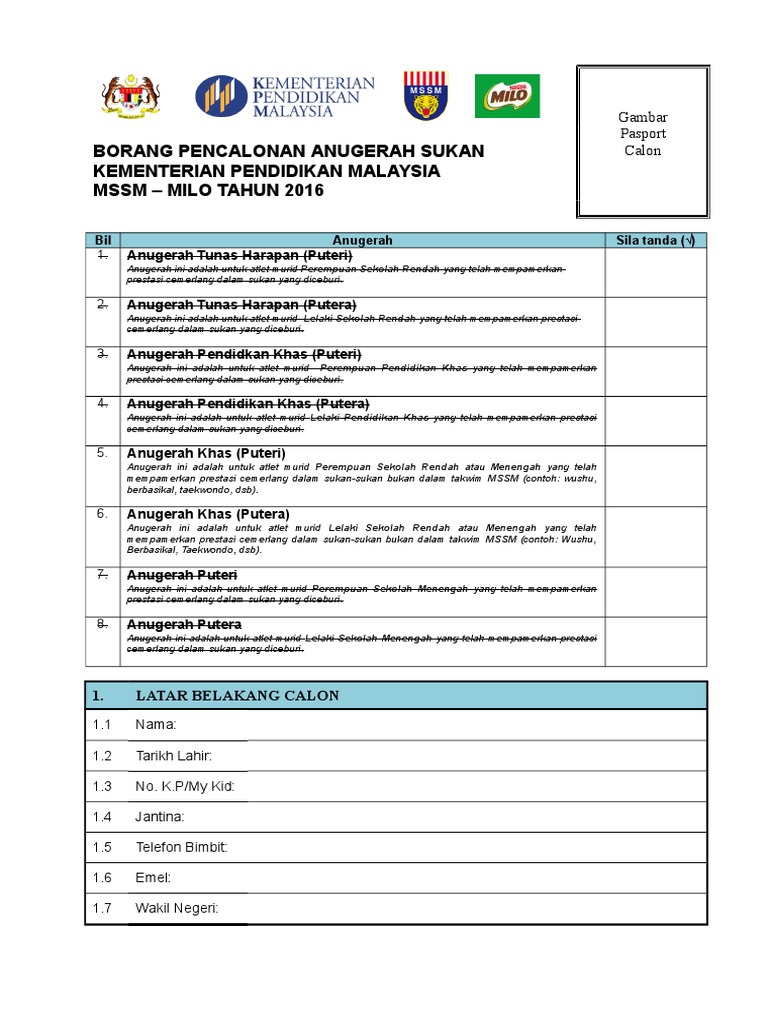 Borang Pencalonan - ATLET MURID | PDF