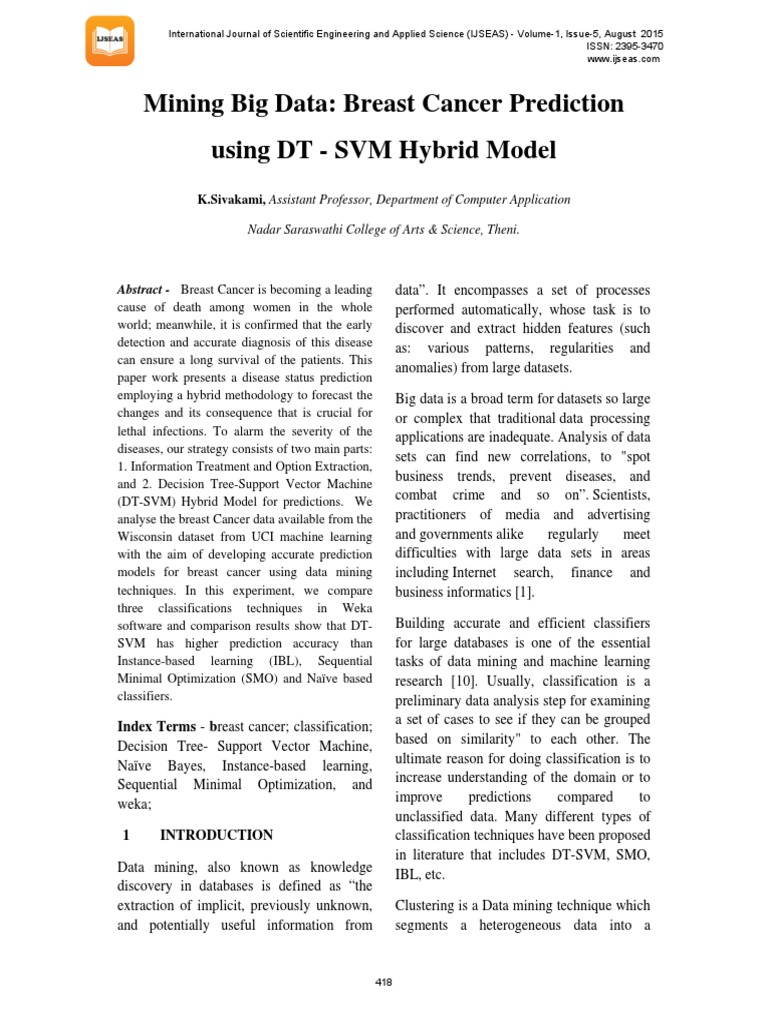 Mining Big Data: Breast Cancer Prediction Using DT - SVM Hybrid Model | PDF | Support Vector ...