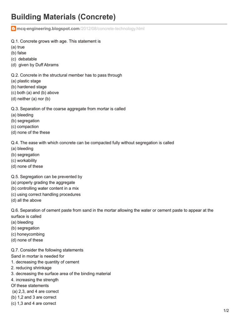 MCQ Engineering - Blogspot.com Building Materials Concrete | PDF