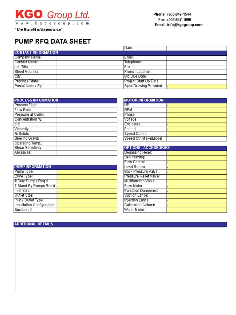 Pump RFQ Data Sheet: Contact Information | PDF