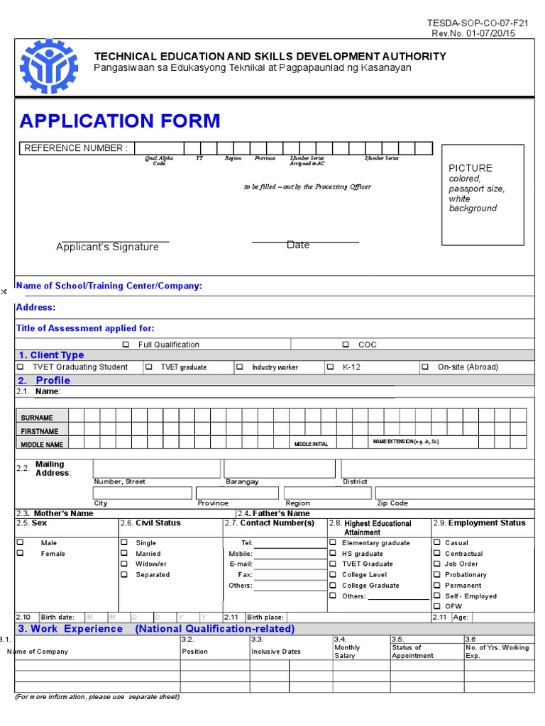 Revised Tesda-sop-co-07-f21 Application Form.rev1 (Application Date Po ...