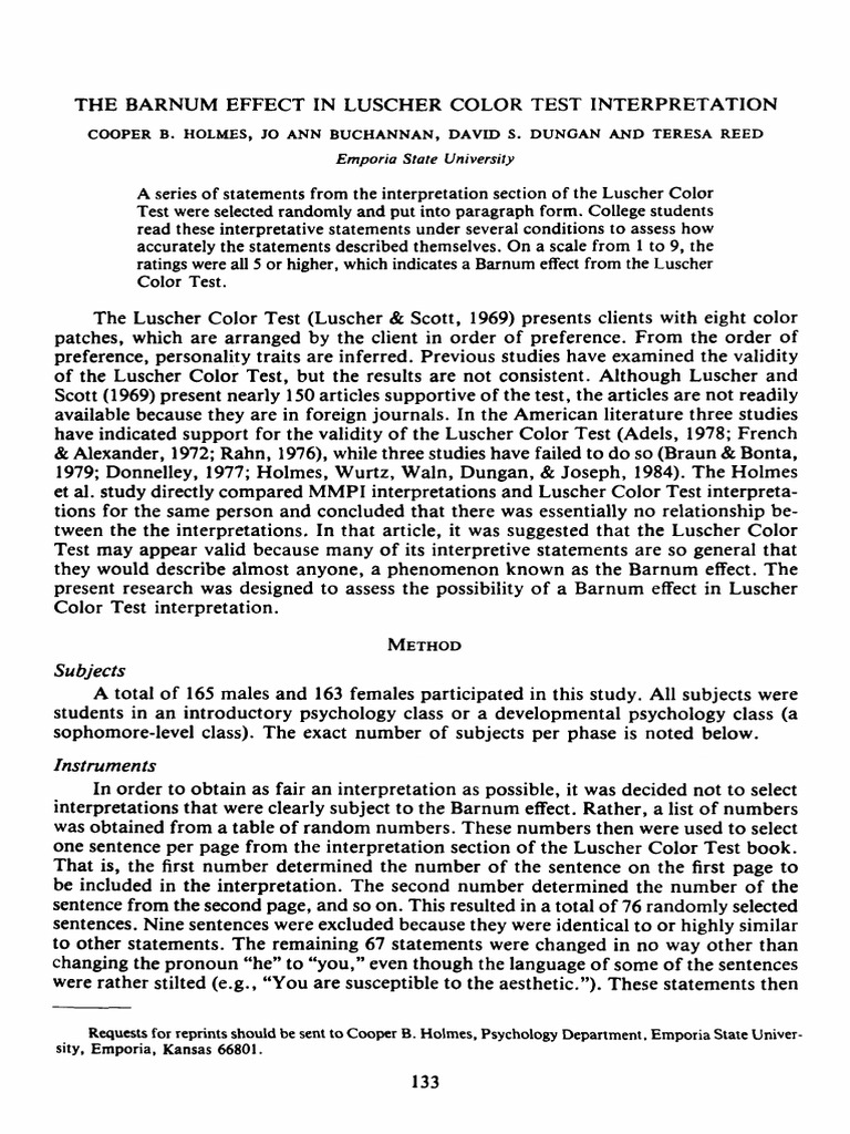 Holmes Et Al (1986) The Barnum Effect in Luscher Color Test ...