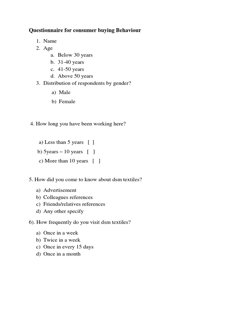 Questionnaire for Consumer Buying Behaviour | Behavior | Economics