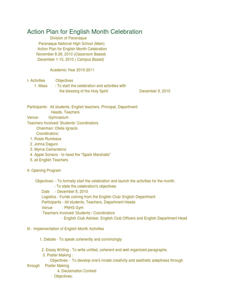 Action Plan For English Month Celebration | PDF | Theatre | Poetry