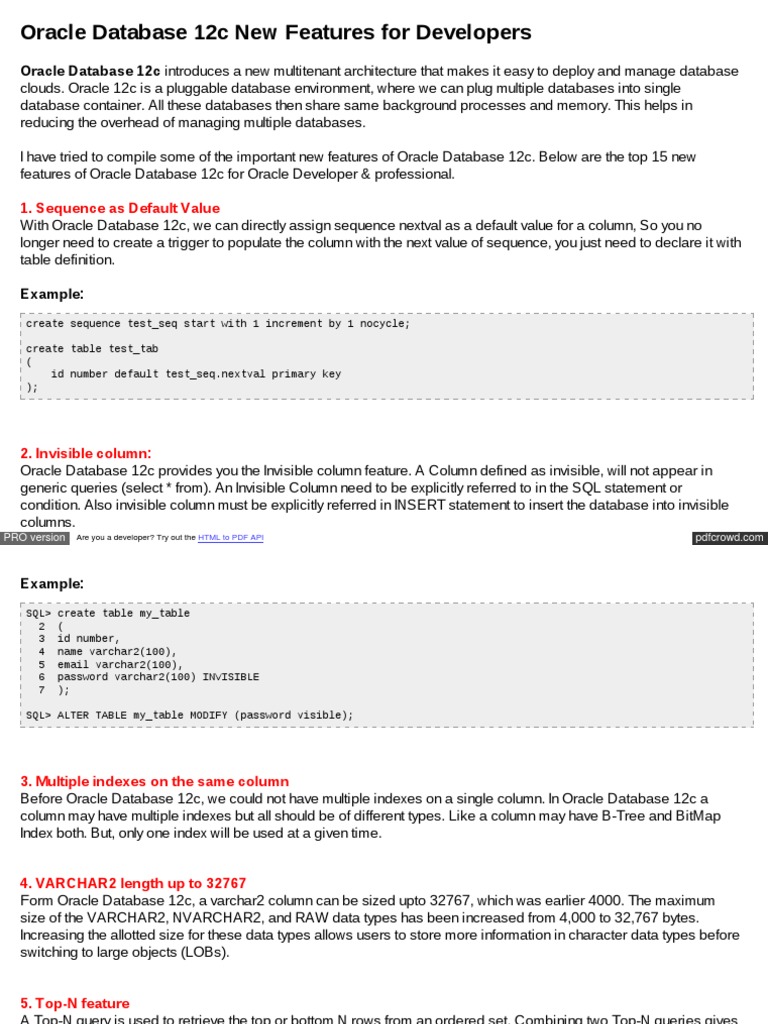 Top 15 New Features of Oracle Database 12c for Developers | PDF | Pl/Sql | Sql