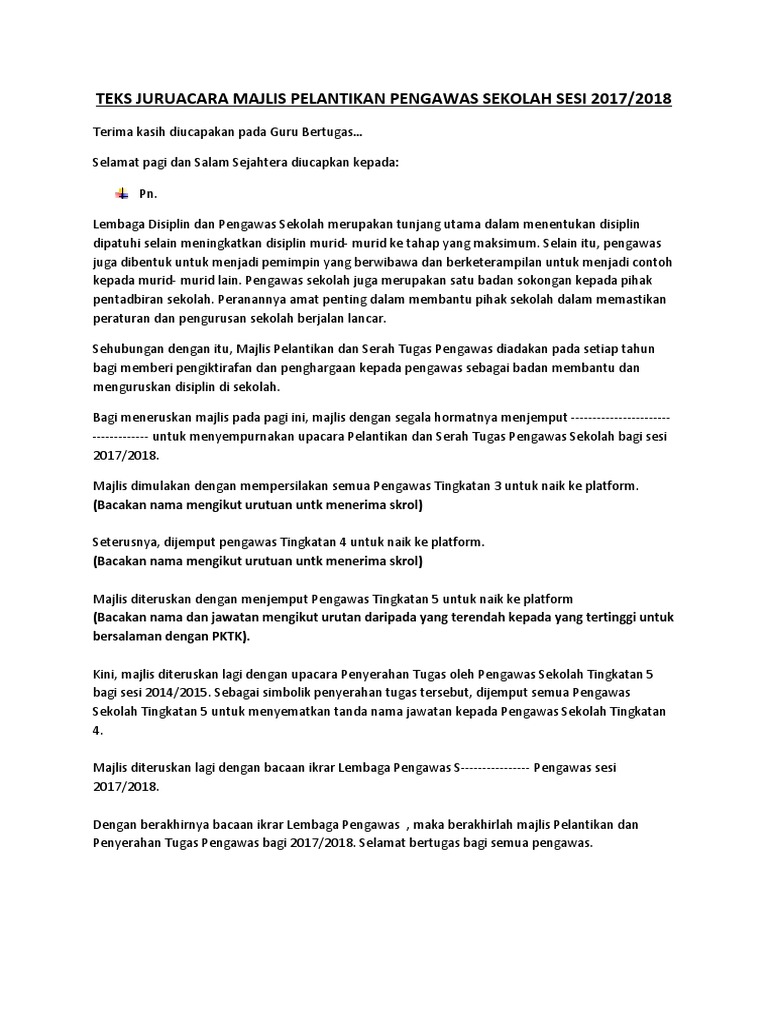 Teks Juruacara Majlis Pelantikan Pengawas Sekolah Sesi 2017 | PDF