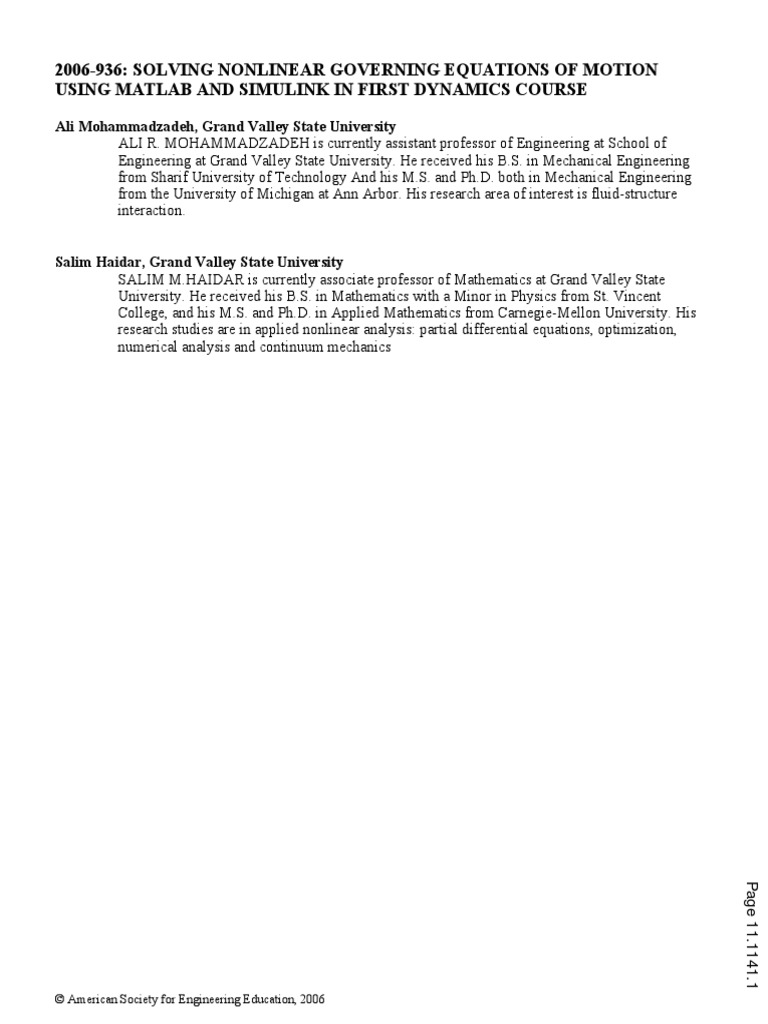 Solving Nonlinear Governing Equations of Motion Using Matlab and ...