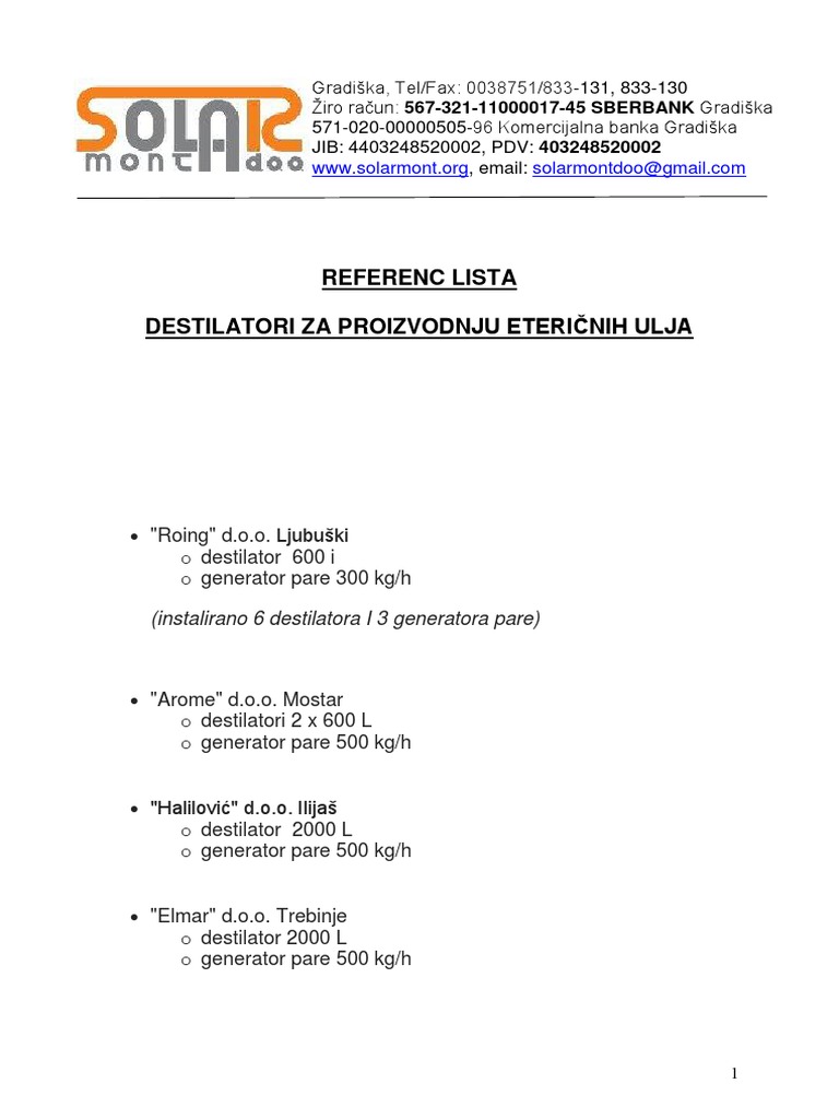 SOLAR MONT - Destilatori Za Proizvodnju Eteričnih Ulja - Referenc Lista | PDF