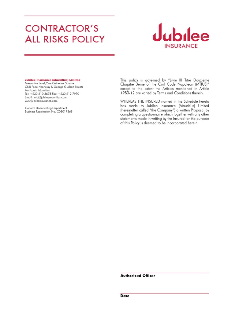 Contractors All Risks Policy PDF | PDF | Indemnity | Liability Insurance