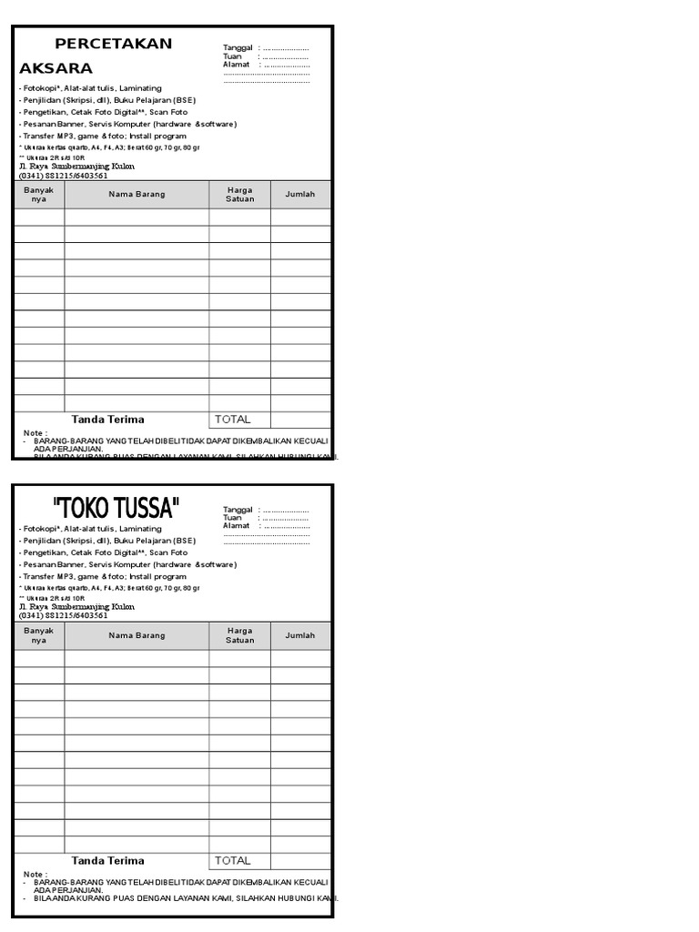 Contoh Nota Toko Sederhana | PDF