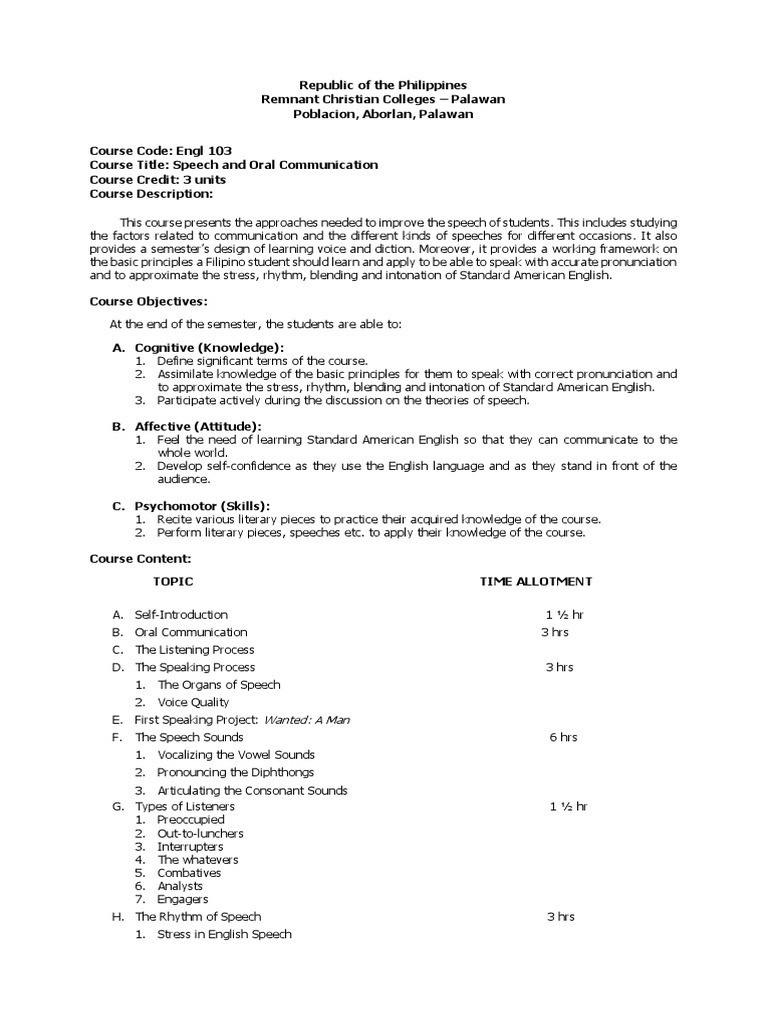 Syllabus on Speech and Oral Communication