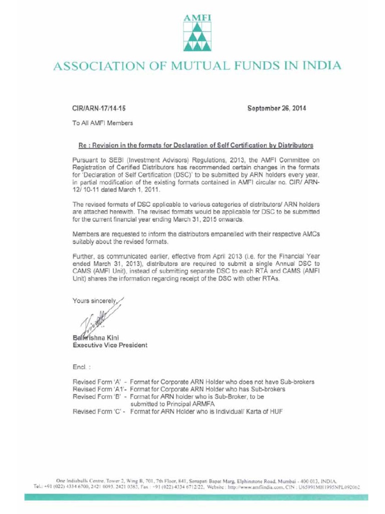 ARN Circular No. 17 Dt. 26-Sep-14 - Revised Self Declaration Formats | PDF