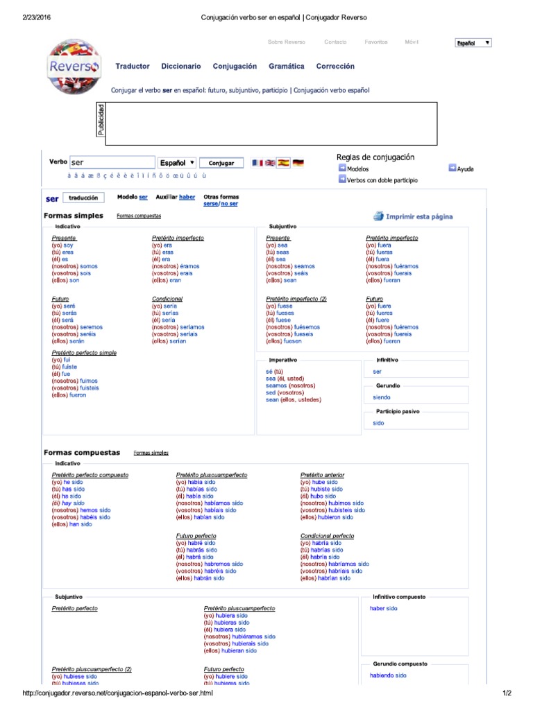 Conjugación Verbo Ser en Español - Conjugador Reverso | PDF