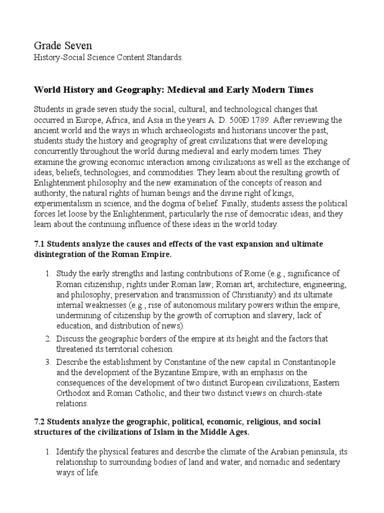 7th Grade World History Social Science Standards | PDF | Europe Travel ...