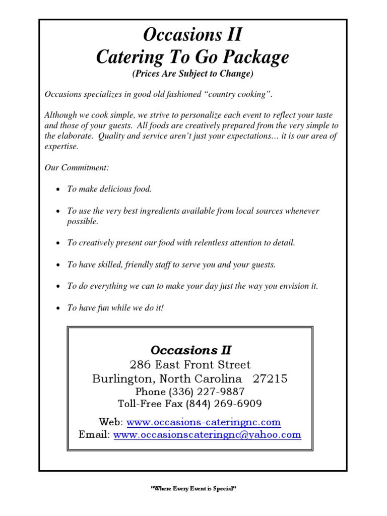Occasions II Catering To Go Menu | PDF | Steak | Casserole
