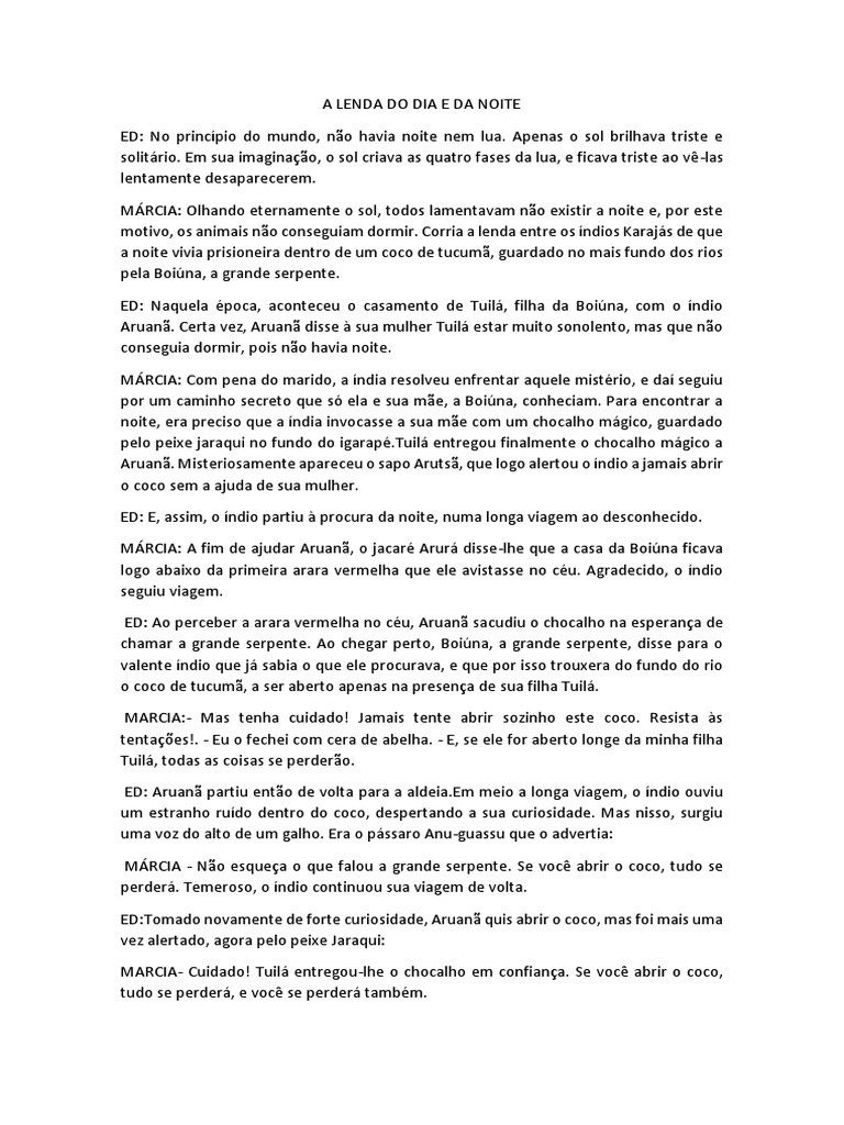 A Lenda Do Dia e Da Noite | PDF | Povos indígenas das Américas | Lazer