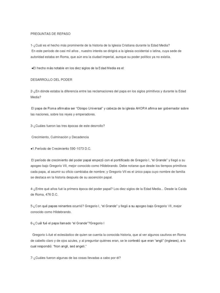 Preguntas de repaso sobre el desarrollo del poder papal en la Edad ...