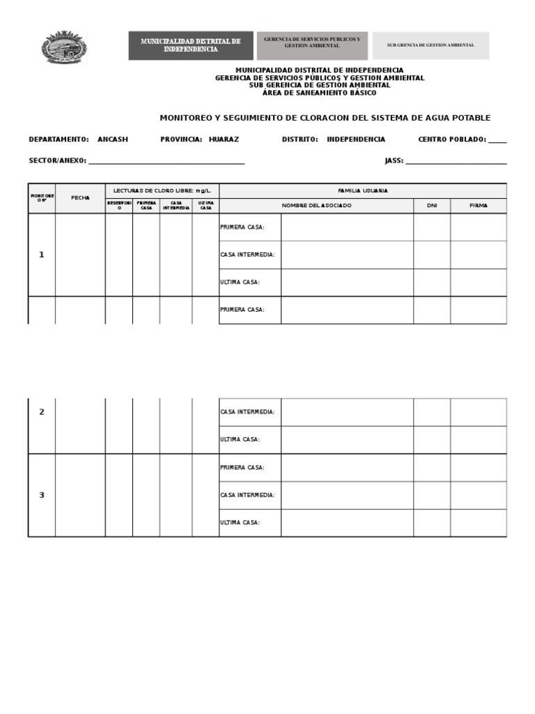 Ficha de Monitoreo de Cloro Residual | PDF