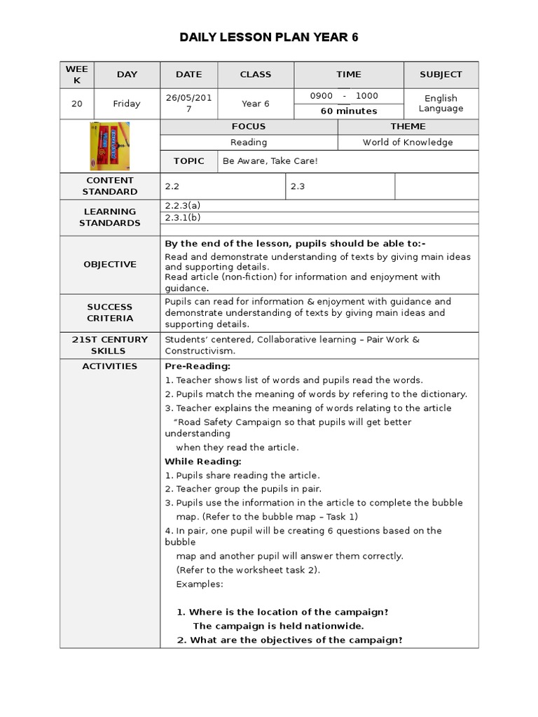 KBAT Lesson Plan Year 6 | PDF | Lesson Plan | Reading (Process)
