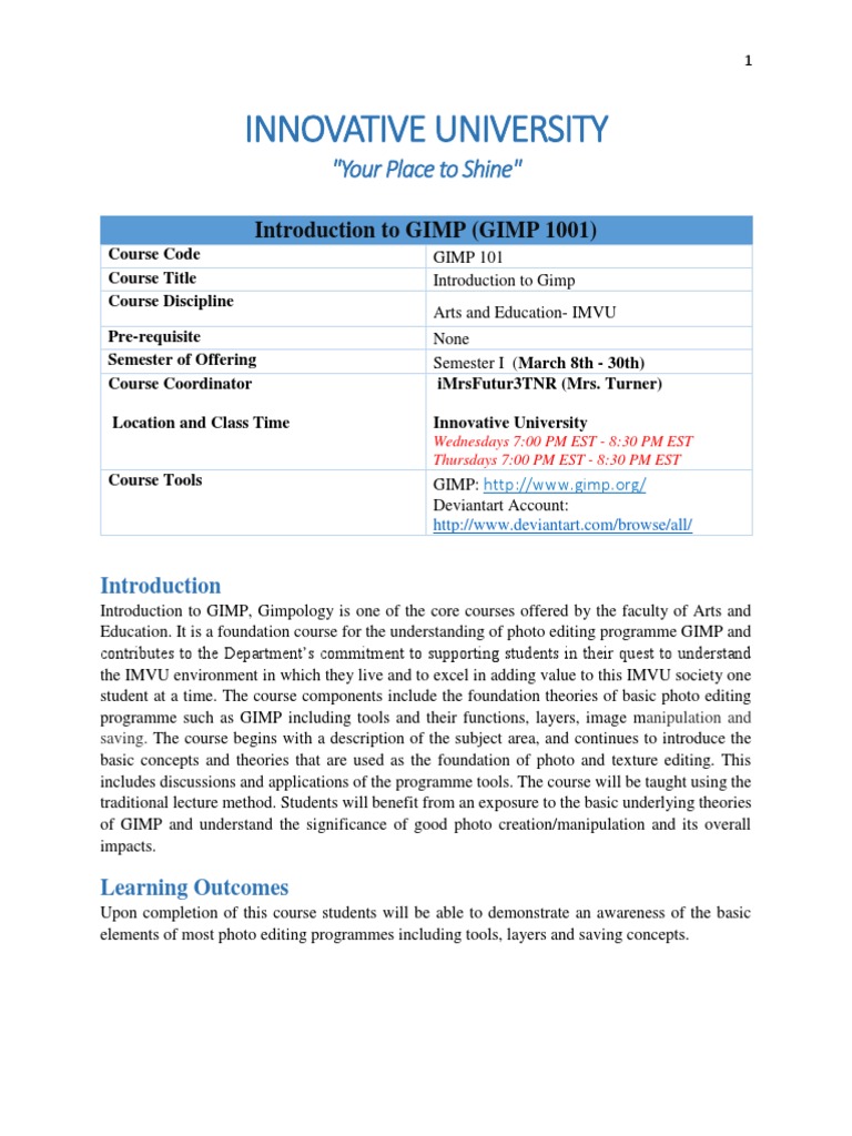 GIMP 101 Course Outline 1 | PDF | Image Editing | Communication