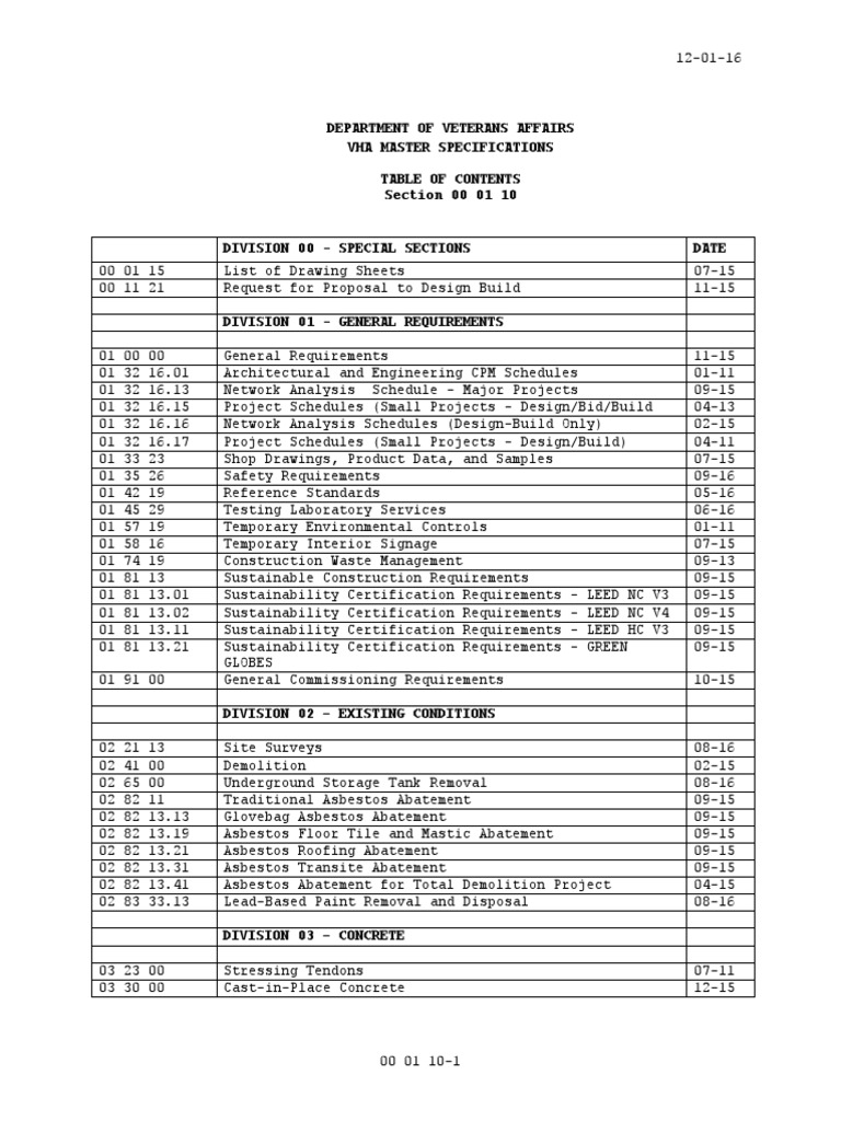 Department of Veterans Affairs Vha Master Specifications Section 00 01 ...