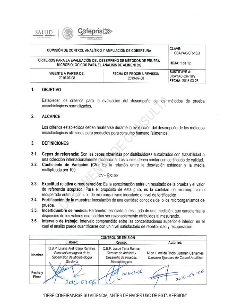 CCAYAC-CR-18.3 Criterios para La Validacion de Metodos MB Analisis de Alimentos y Agua 2016 | PDF