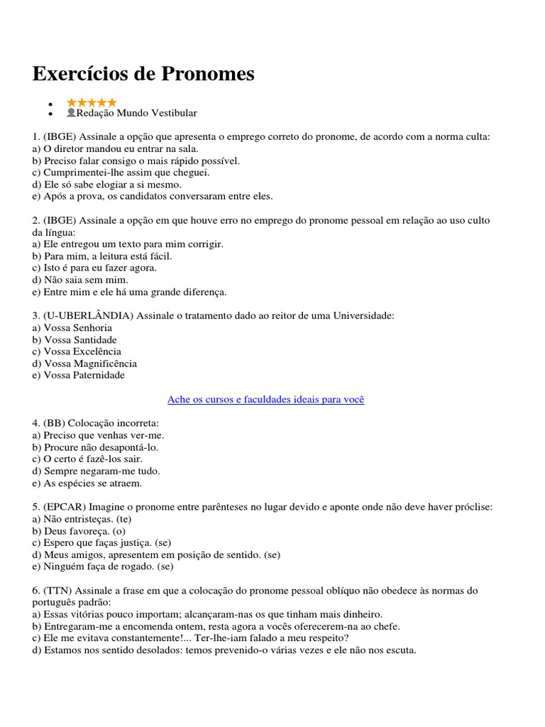 Exercícios de Pronomes | PDF | Pronome | Unidades Semânticas