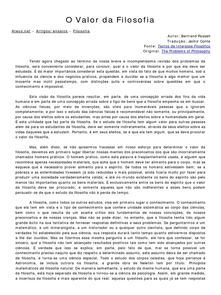 O Valor Da Filosofia - Bertrand Russell PDF | PDF