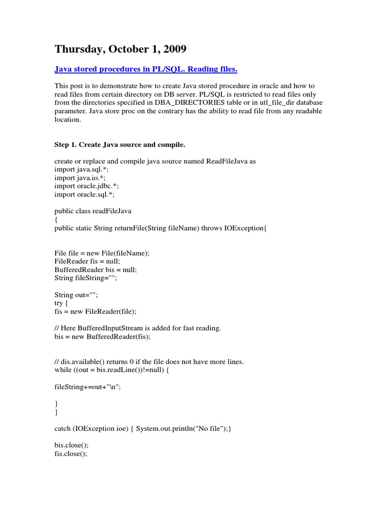 Thursday, October 1, 2009: Java Stored Procedures in PL/SQL. Reading ...