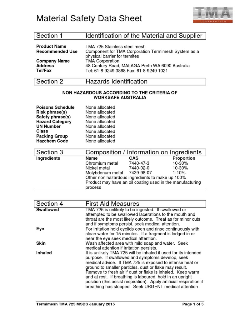 Termimesh TMA 725 MSDS January 2015 | PDF | Carcinogen | Nickel