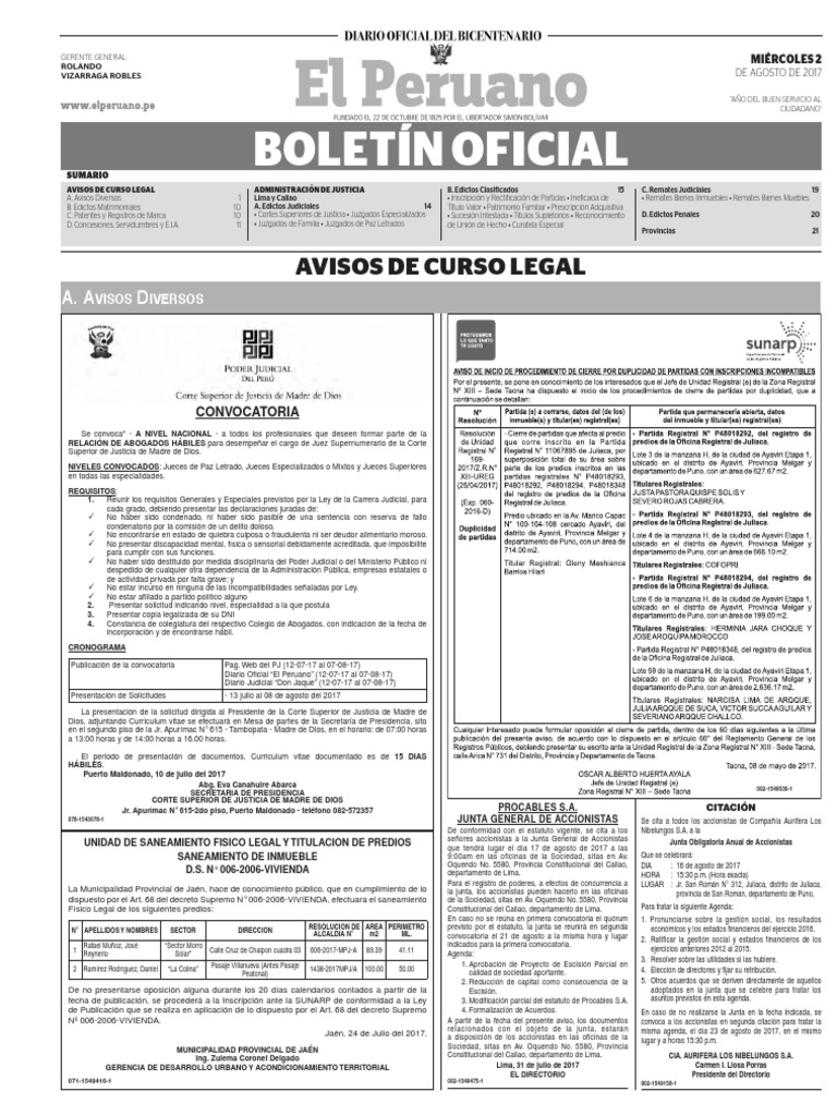 Diario Oficial El Peruano Edición 9775 02 De Agosto De 2017 Pdf