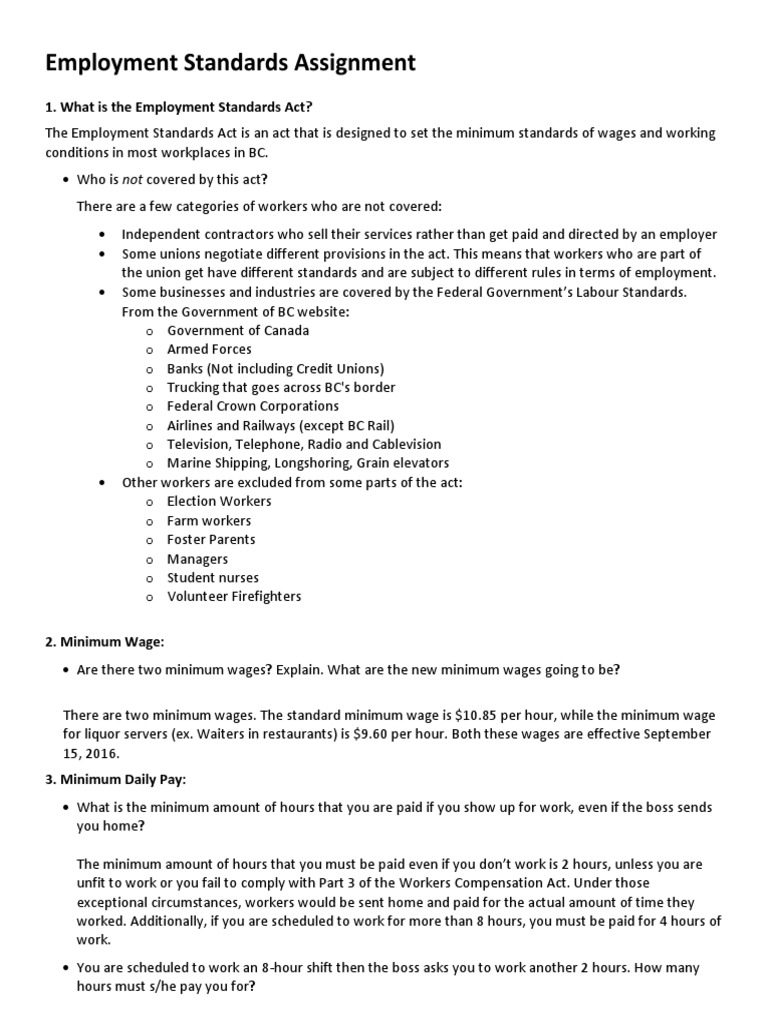 Employment Standards Assignment | PDF | Overtime | Layoff
