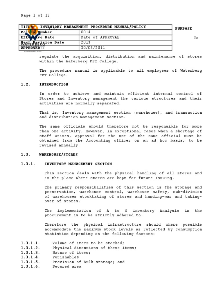 Waterberg FET College Inventory Policy | PDF | Inventory | Warehouse
