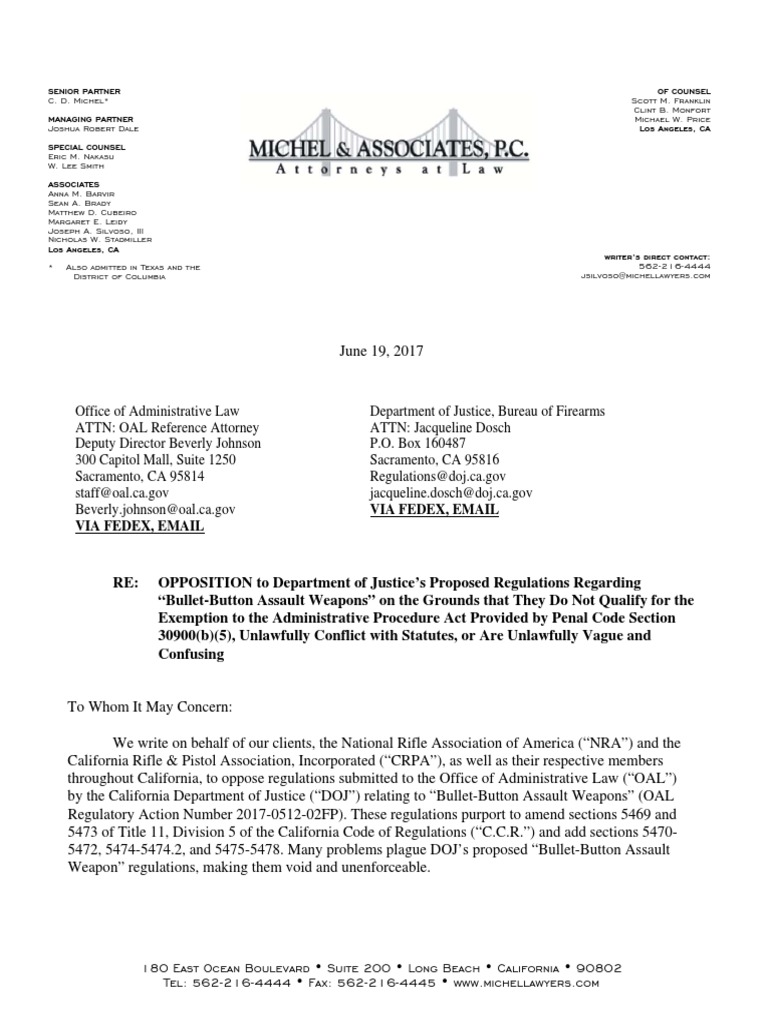 Letter To CA DOJ From NRA and CRPA | PDF | Assault Weapon | Magazine ...
