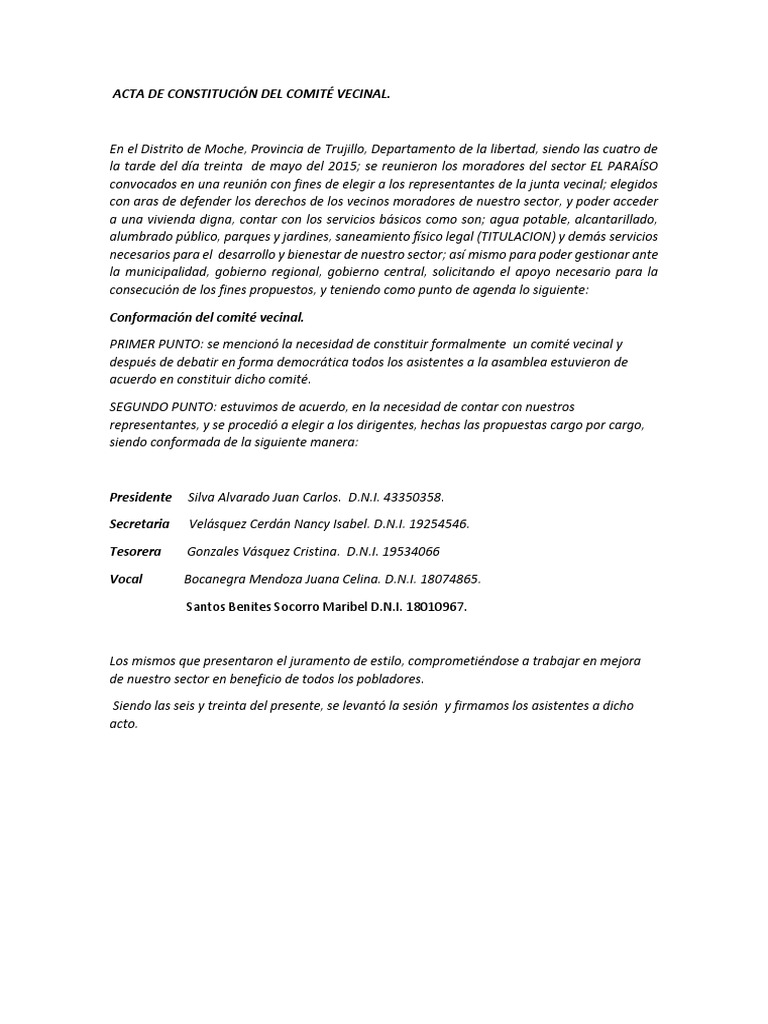 Acta de Constitución Del Comité Vecinal | PDF